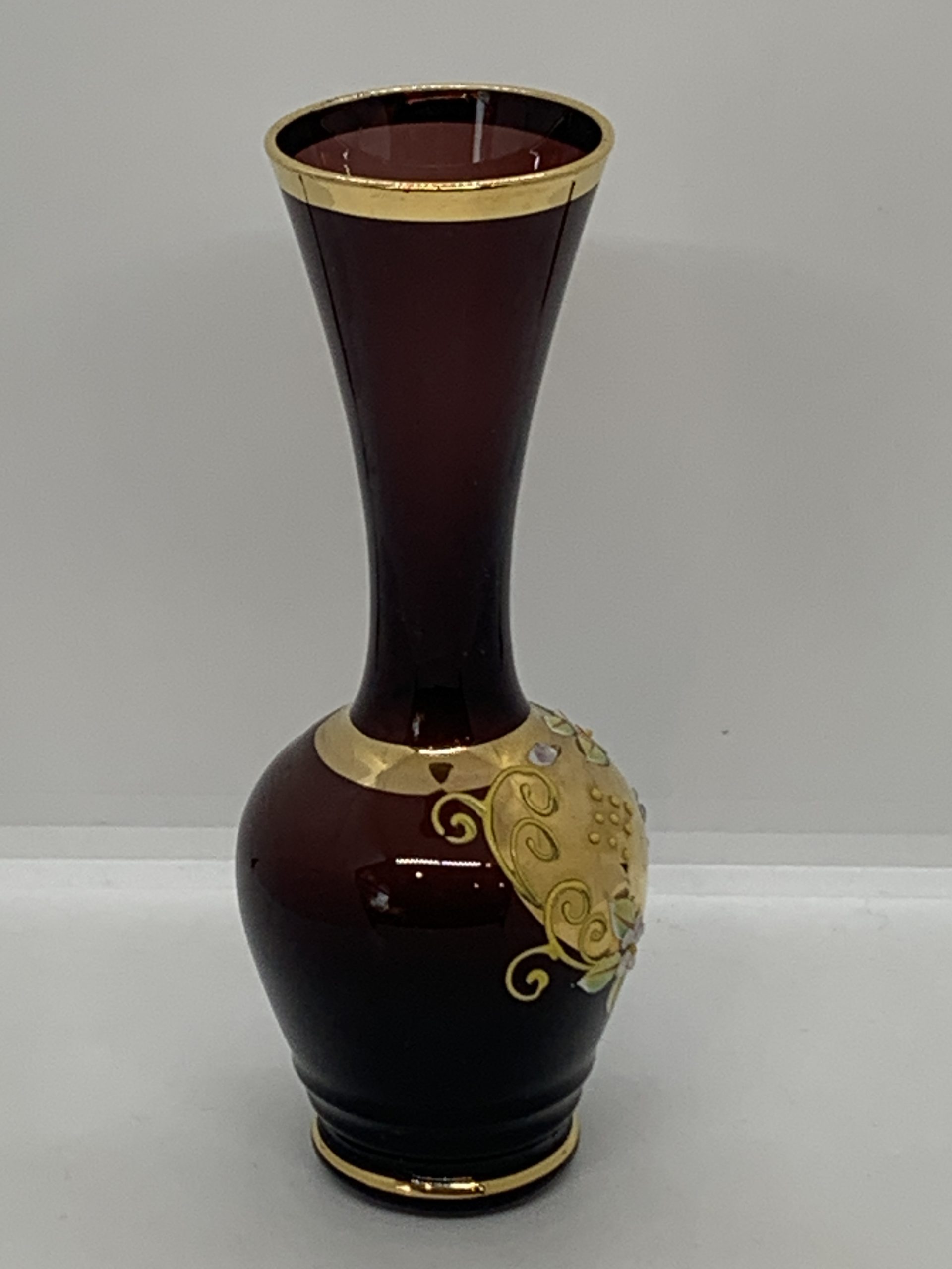 Ruby Glass Vase with Floral Gilt Decoration 18cm - Vintage Keepsakes